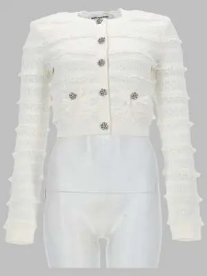 SELF-PORTRAIT Elegant Ribbed Viscose Blend Cardigan With Embellished Buttons - White