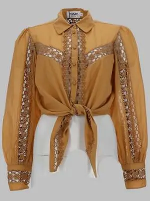 Charo Ruiz Ibiza Lace Trimmed Cotton Blend Tie Front Shirt - Beige