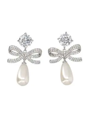 SELF-PORTRAIT Embellished Bow Earrings With Pearl Drop - Silver