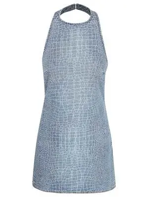 SELF-PORTRAIT SELF-PORTRAIT Rhinestone Croc-Effect Denim Mini Dress Blu