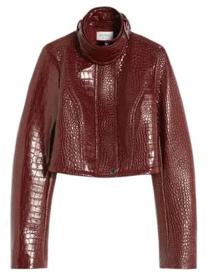 Sportmax Fitted Polo Neck Cropped Jacket With Alligator Embossed Finish And Removable Storm Flap - Red