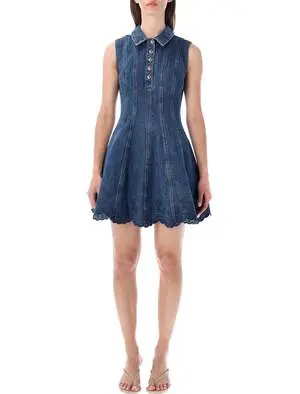 SELF-PORTRAIT Sleeveless Collared Denim Mini Dress With Scalloped Hem