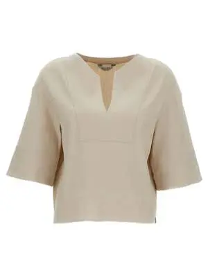 Max Mara Relaxed Fit V-neck Blouse Short Sleeves - Beige