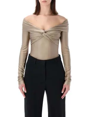 Andamane The Attico Off-Shoulder Draped Knot Bodysuit Light Greige