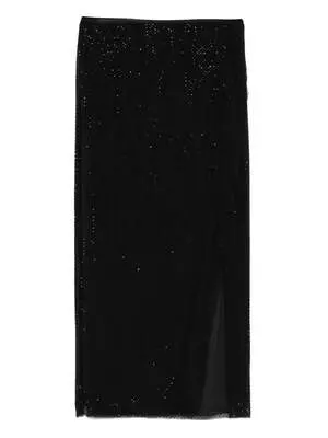 SELF-PORTRAIT Midi Skirt With Rhinestone Embellishments And Slit - Black