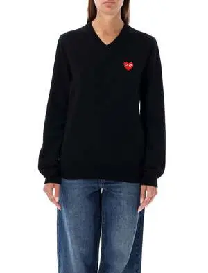 Play Comme Des Garcon Wool V-neck Sweater With Red Heart Patch