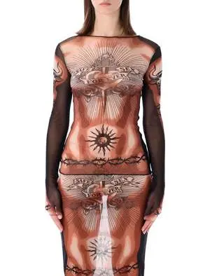JEAN PAUL GAULTIER Tattoo Print Stretch Tulle Long Sleeve Top - Nude Tatoo