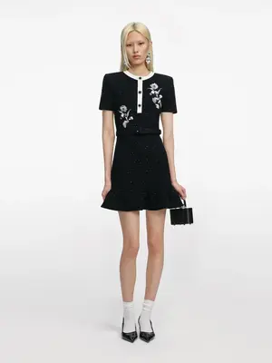 SELF-PORTRAIT Crepe Mini Dress With Faux Fur Trim
