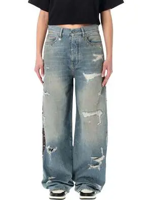 Amiri Distressed Wide-leg Jeans With Bone Appliqués - Driftwood Blue