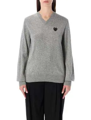 Play Comme Des Garcon Wool V-neck Sweater With Crystal Embellished Heart