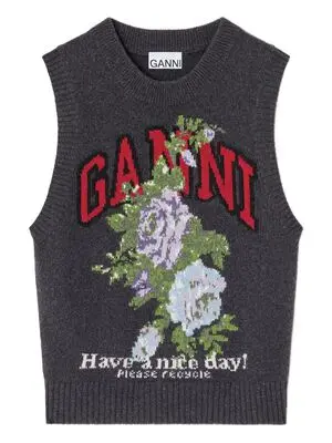 GANNI Sleeveless Ribbed Edge Sweater With Rose Print And Message Size - Nero