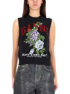 GANNI Graphic Knit Sleeveless Vest - Charcoal