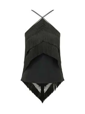 Andamane Asymmetrical Fringed Halter Top - Black