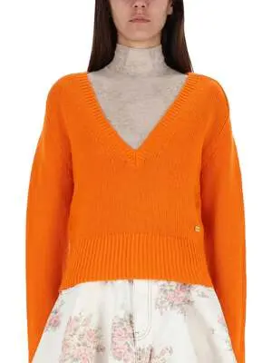 GANNI Cashmere V-Neck Cropped Sweater Orange
