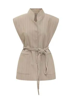 MOM'S PANTS Striped Long Gilet With Belted Waist - Beige Striped