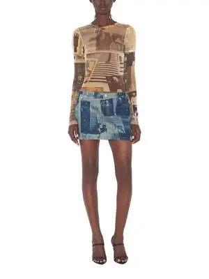 JEAN PAUL GAULTIER Top Aderente A Maniche Lunghe In Tulle Con Stampa "journal - Multicolour