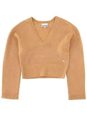 GANNI V-neck Cropped Knit Sweater - Beige