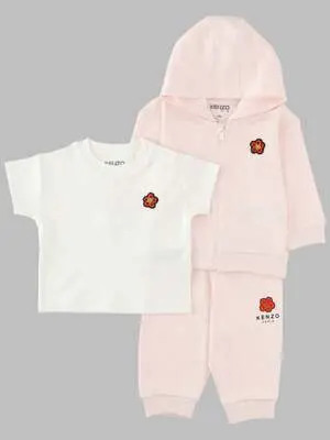 Kenzo Baby Cotton Trousers & Cardigan Set With Embroidered Emblem - Powder