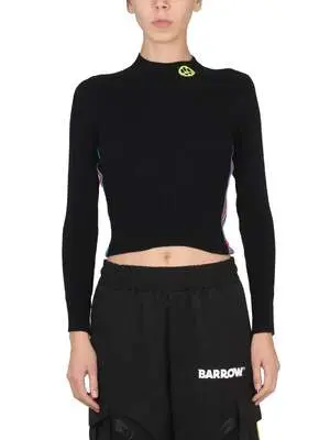 BARROW Black Ribbed Knit High Neck Top With Colorful Side Bands And Appliqué Logo