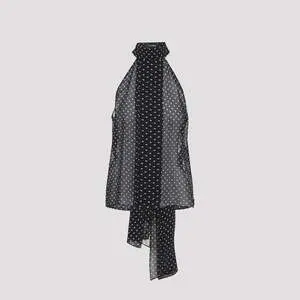 TOM FORD Polka Dot Silk Georgette Halterneck Lavalliere Top With Plisse Detail - Black