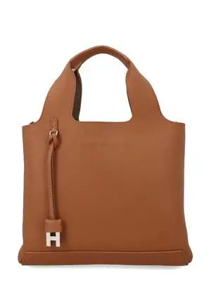 Hogan Textured Calfskin Leather Tote Bag With Logo Charm - Brown