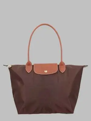 Longchamp Foldable Nylon Tote Bag With Leather Trim - Brown