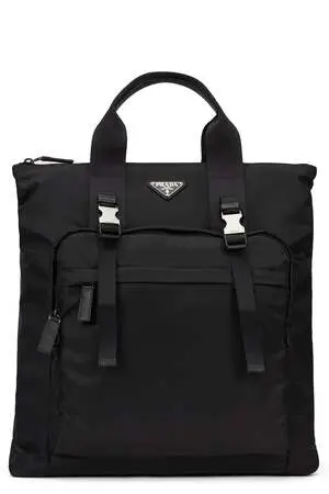 Prada Mini Tote Handbag In Recycled Nylon And Leather - Black