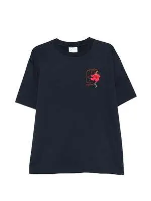 Drole De Monsieur Embroidered Hibiscus Tee With Ribbed Collar - Blue