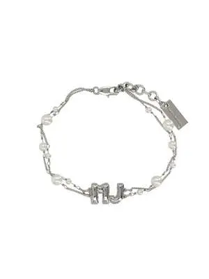 Marc Jacobs Double Chain Bracelet With Faux Pearls And Mj Logo - Silver