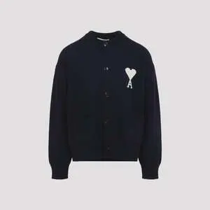 AMI Paris Wool Crewneck De Coeur Cardigan - Blue