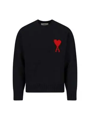 AMI Paris Crewneck Sweater With Contrasted De Coeur - Black