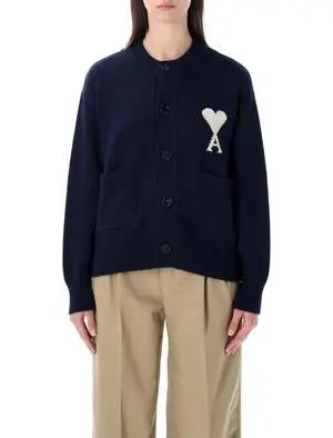 AMI Paris Wool Crewneck De Coeur Cardigan - Blue