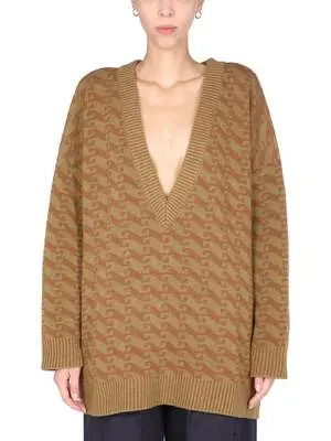 MAISON JEJIA Wool Blend Jacquard V-neck Sweater - Brown