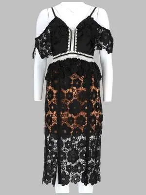 NJ COUTURE Lace Cold Shoulder Midi Dress - Black