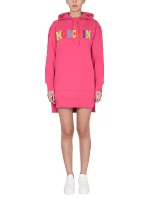 Moschino Hooded Dress With Multicolor Flocked Logo
