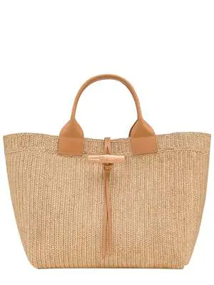 Longchamp Woven Straw Tote Bag With Leather Trim - Beige