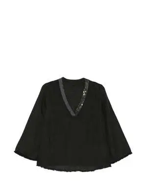 120% Lino V-neck Sequined Linen Top - Nero