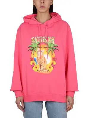 MSGM Logo Hoodie With Drawstring - Fuchsia