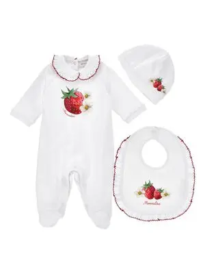 Monnalisa Baby Girls' Strawberry Print Long Sleeve Romper Set With Hat And Bib - White