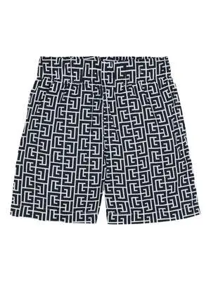 Balmain Mini Swim Shorts With Pb Monogram Print And Elastic Waistband - Black