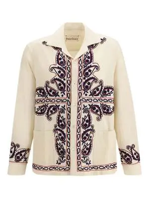 BAZISZT Silk Long Sleeve Button-up Shirt With Cuban Collar - Beige