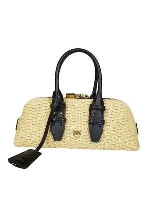 Pinko Chic Mini Bowling Handbag With Raffia And Silk Accents - Beige
