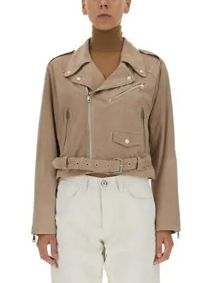ARMA Suede Cropped Biker Jacket With Belt - Beige