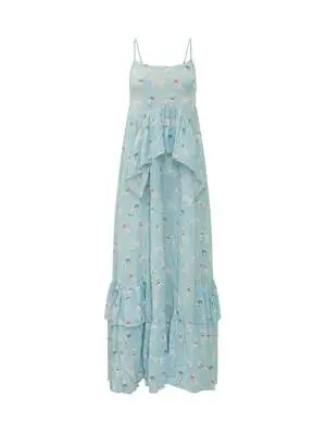 Fiorucci Long Maxi Dress With Dog Print And Ruffles - Light Blue