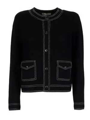 Tory Burch Topstitch Wool Cardigan - Black