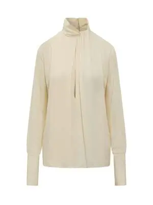TOM FORD High Neck Silk Blouse With Bow Detail - Vanilla