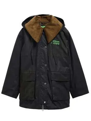 BARBOUR X GANNI Hooded Waxed Cotton Coat With Classic Tartan Accents - Blue