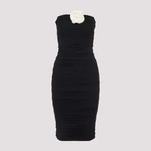 LA REVECHE Mirey Ruched Midi Dress With Floral Applique