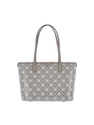 Tory Burch TORY BURCH Coated Canvas All-Over Logo Racer Tote Shoulder Bag Grey