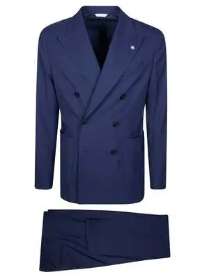 MANUEL RITZ Cool Wool Double Breasted Pinstripe Suit - Blu